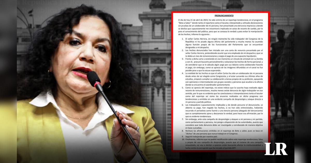 María Acuña tilda de "tendenciosa" denuncia sobre recorte de sueldo ...