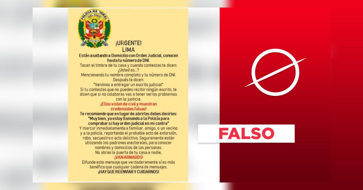 La PNP no alertó que “están asaltando a domicilio con orden judicial": es un bulo de años anteriores