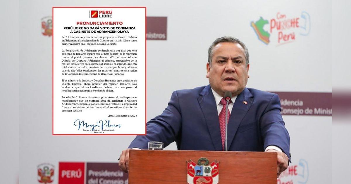 Perú Libre no brindará confianza al gabinete de Gustavo Adrianzén: “Seguirá con la represión al ...