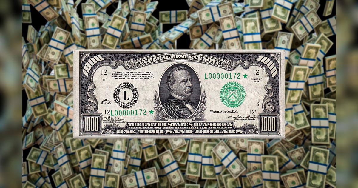 El billete de mil dólares americanos, impreso en la Guerra Civil, con ...