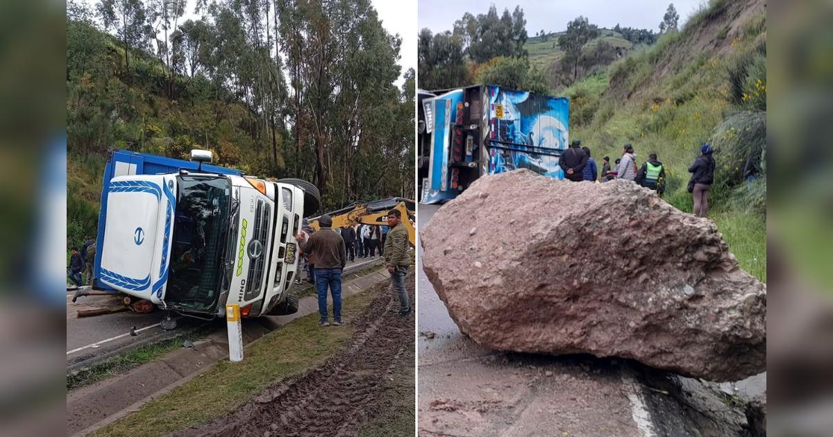 Chofer vuelca camión en la Carretera Central para esquivar roca gigante y se salva de milagro en ...