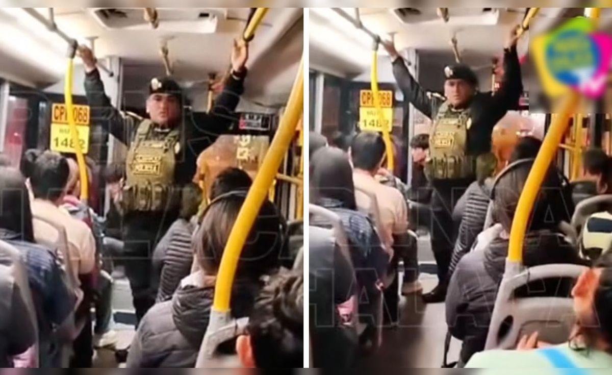 Dos agentes de la PNP abordan bus y explican que resguardarán el viaje ...