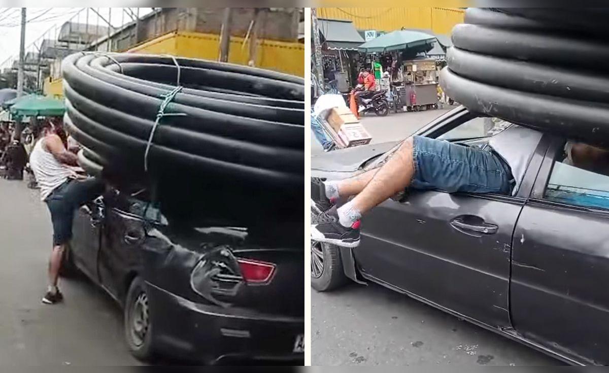 Taxista peruano genera polémica por cargar voluminosa manguera en auto ...