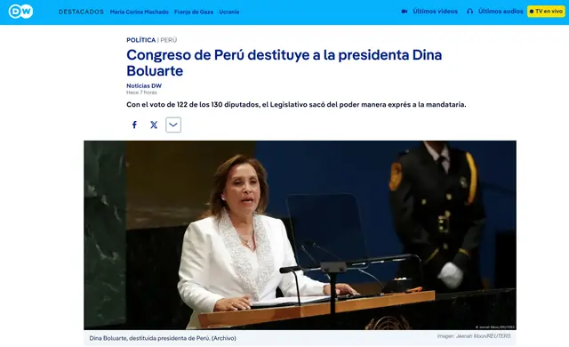 “La presidenta más impopular de Perú cae destituida”: así informaron medios internacionales ...