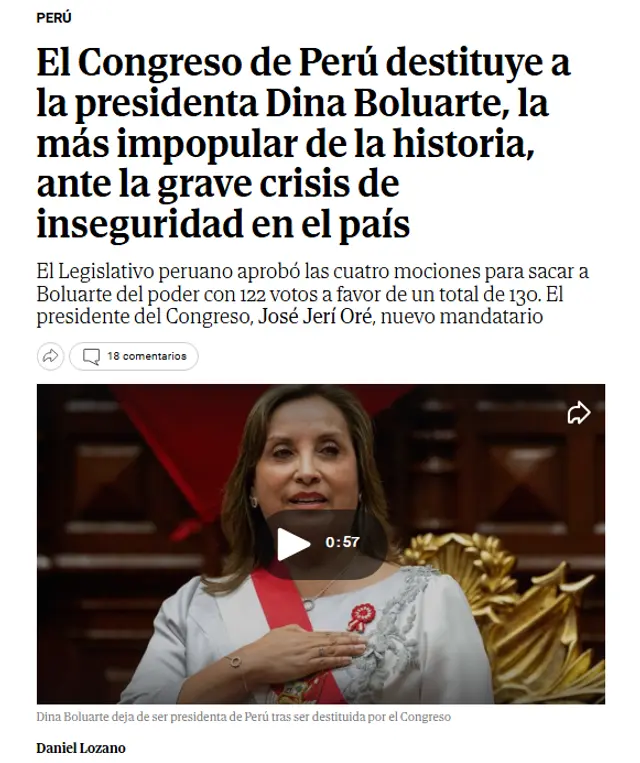 “La presidenta más impopular de Perú cae destituida”: así informaron medios internacionales ...