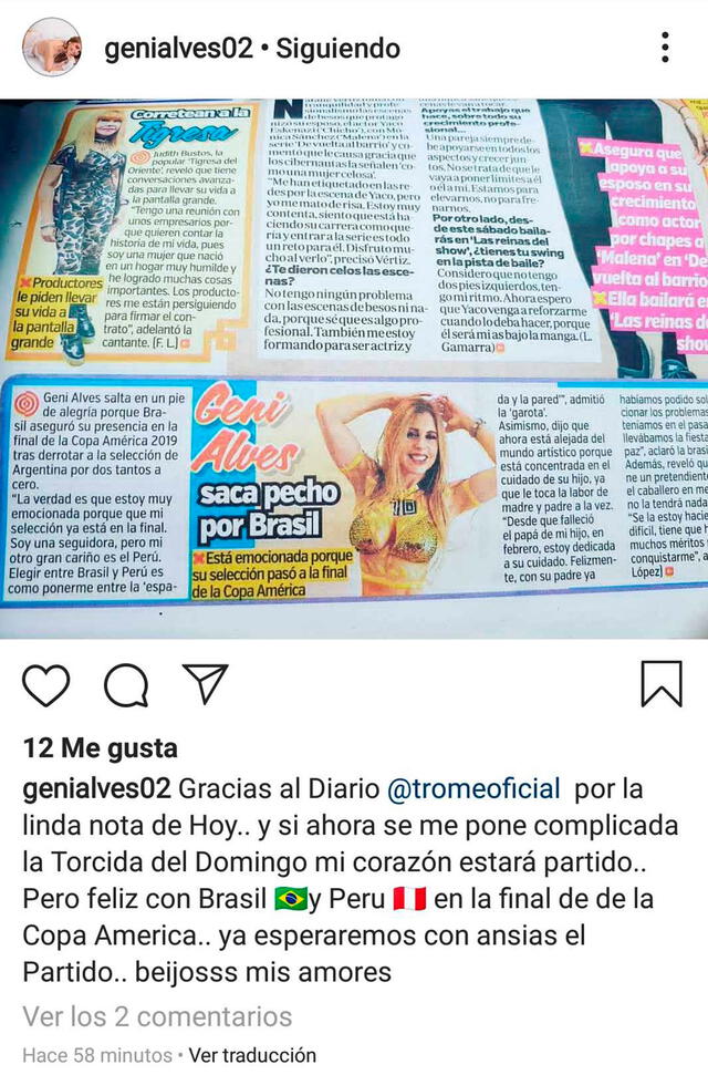 Geni Alves alentó a la Selección peruana vestida de la ‘blanquirroja’